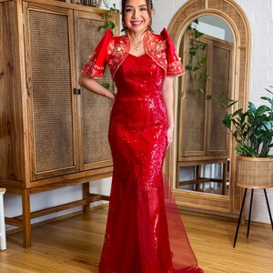 Mayari red Mestiza Dress & Bolero Authentic Filipiniana Attire Made in ...