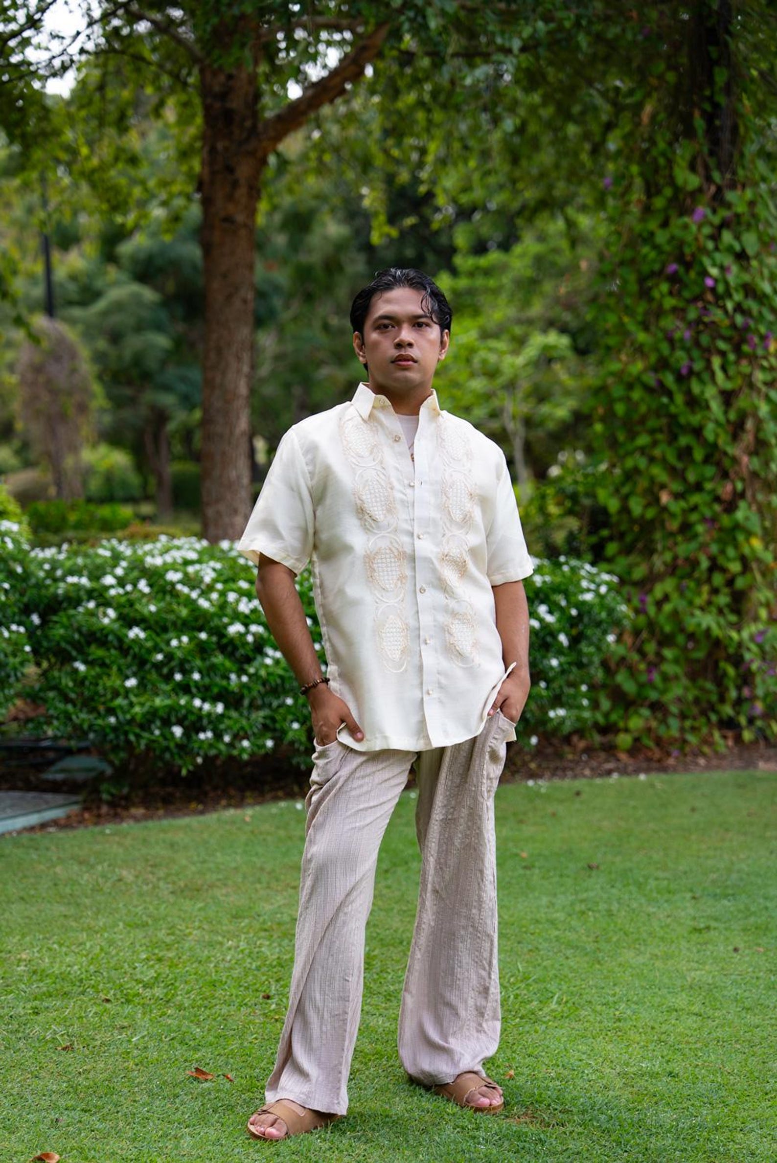 Barong Tagalog | 'benicio' Short Sleeve Cream Embroidered Organza ...