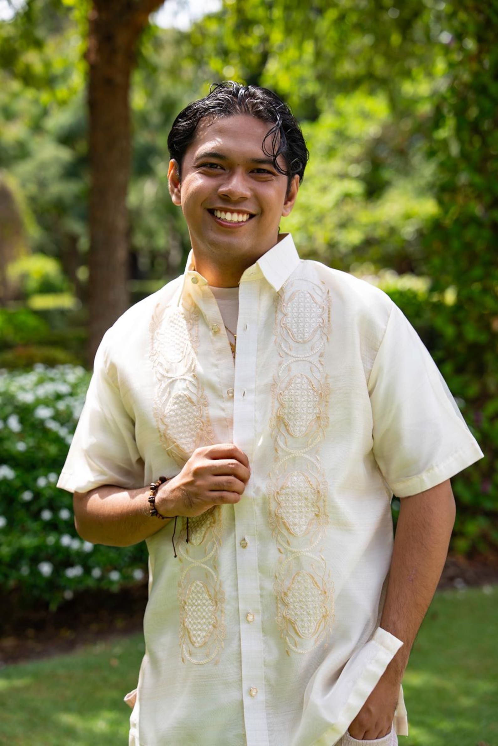 Barong Tagalog | 'benicio' Short Sleeve Cream Embroidered Organza ...