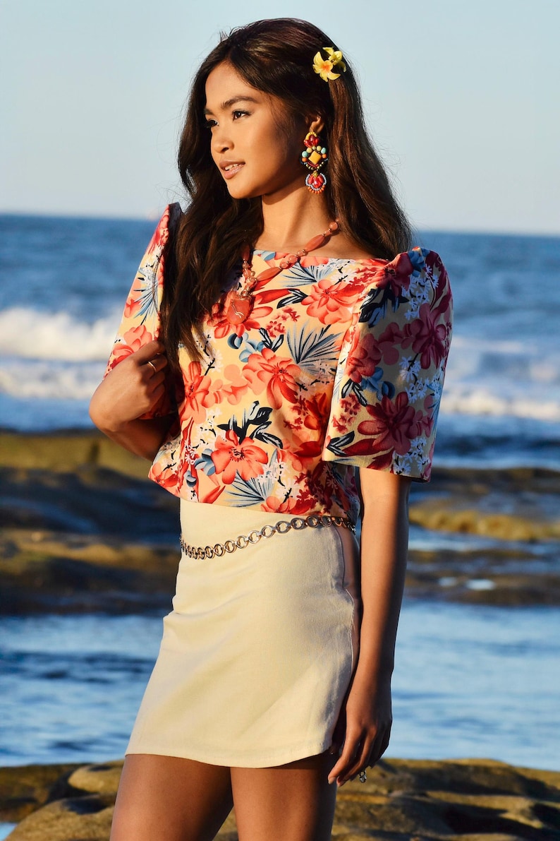 Floral Filipiniana Top | Linen Blend, Butterfly Sleeves - Etsy