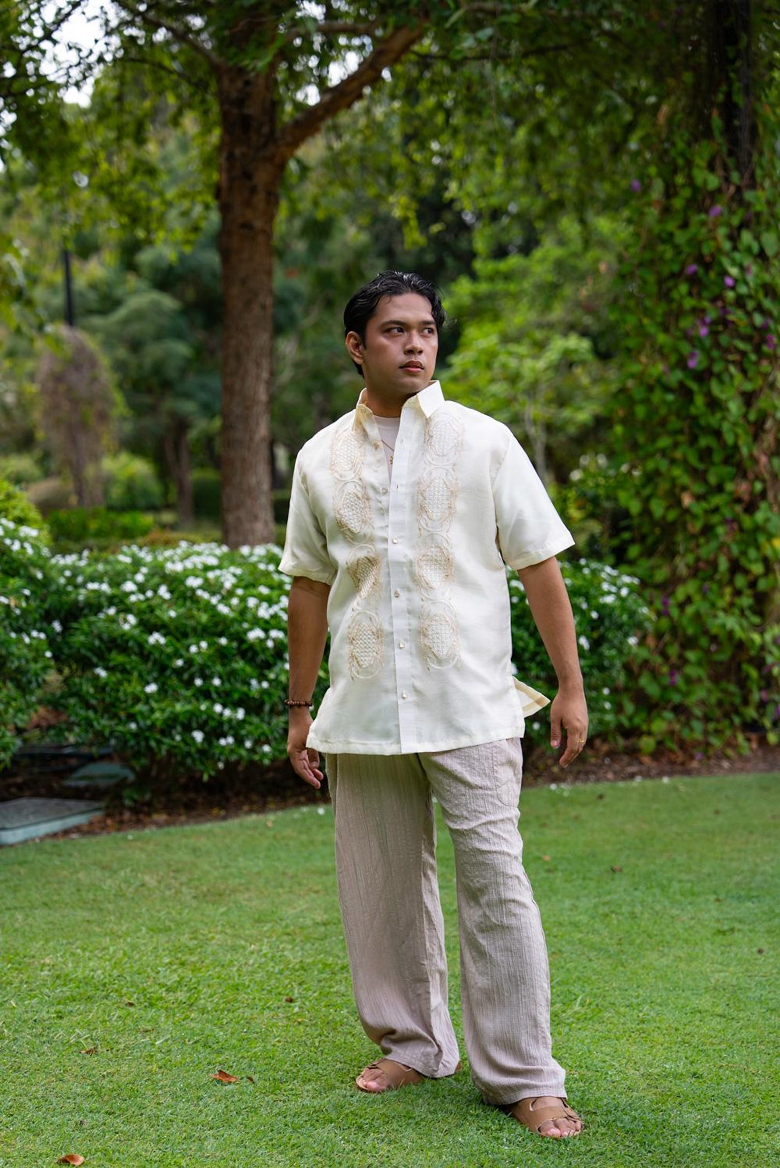 Barong Tagalog | 'benicio' Short Sleeve Cream Embroidered Organza ...