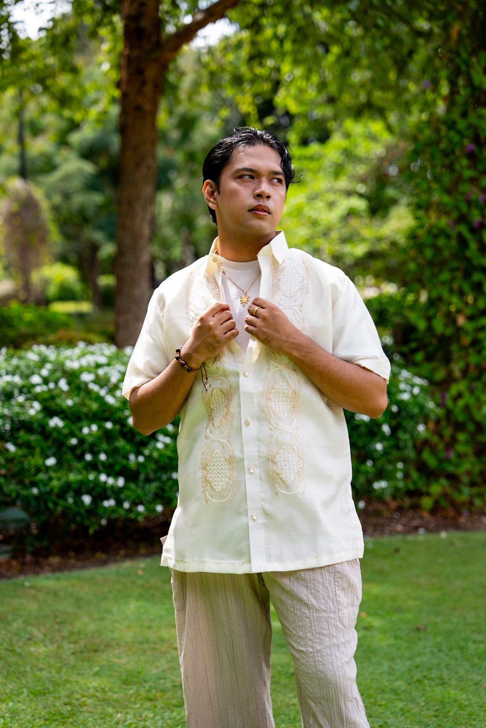 Barong Tagalog | 'benicio' Short Sleeve Cream Embroidered Organza ...