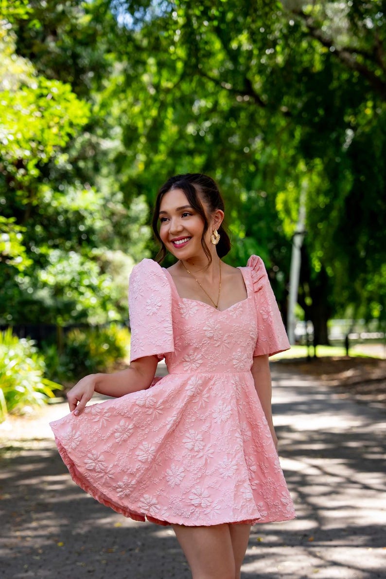 Filipiniana Mini Dress | Pastel Pink Floral Jacquard, Butterfly Sleeves ...