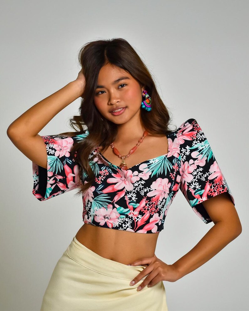 Floral Filipiniana Crop Top | Linen Blend Butterfly Sleeves - Etsy