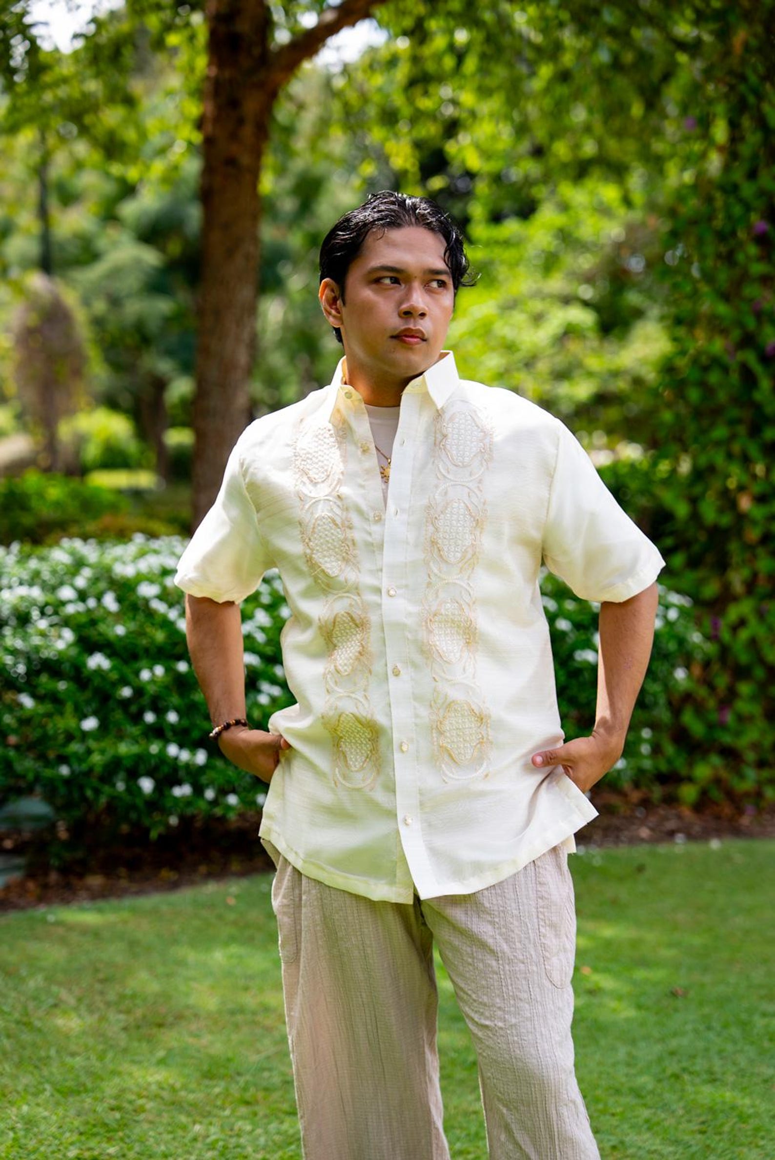 Barong Tagalog | 'benicio' Short Sleeve Cream Embroidered Organza ...