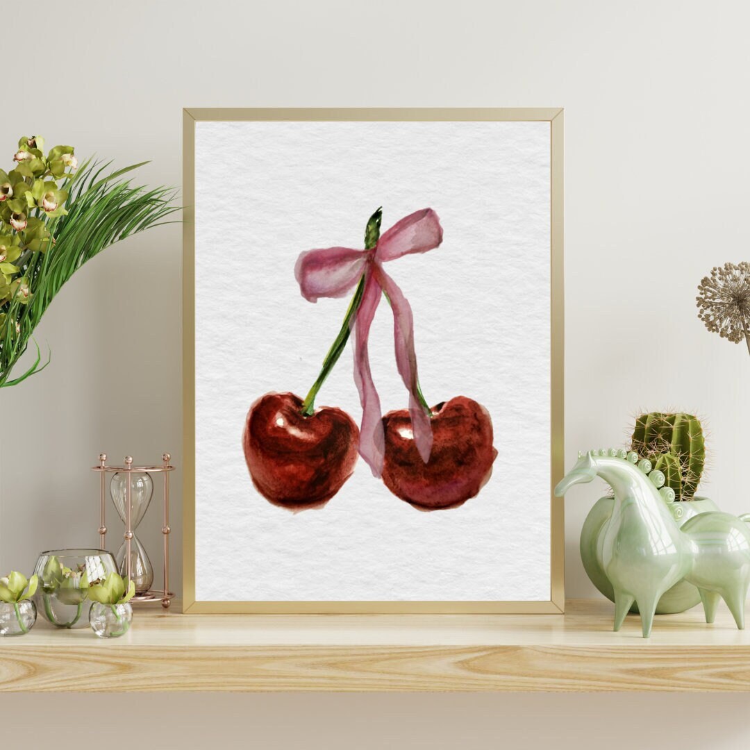Trendy Retro Cherries Print, Pink Bow Printable Feminine Poster, Pink ...