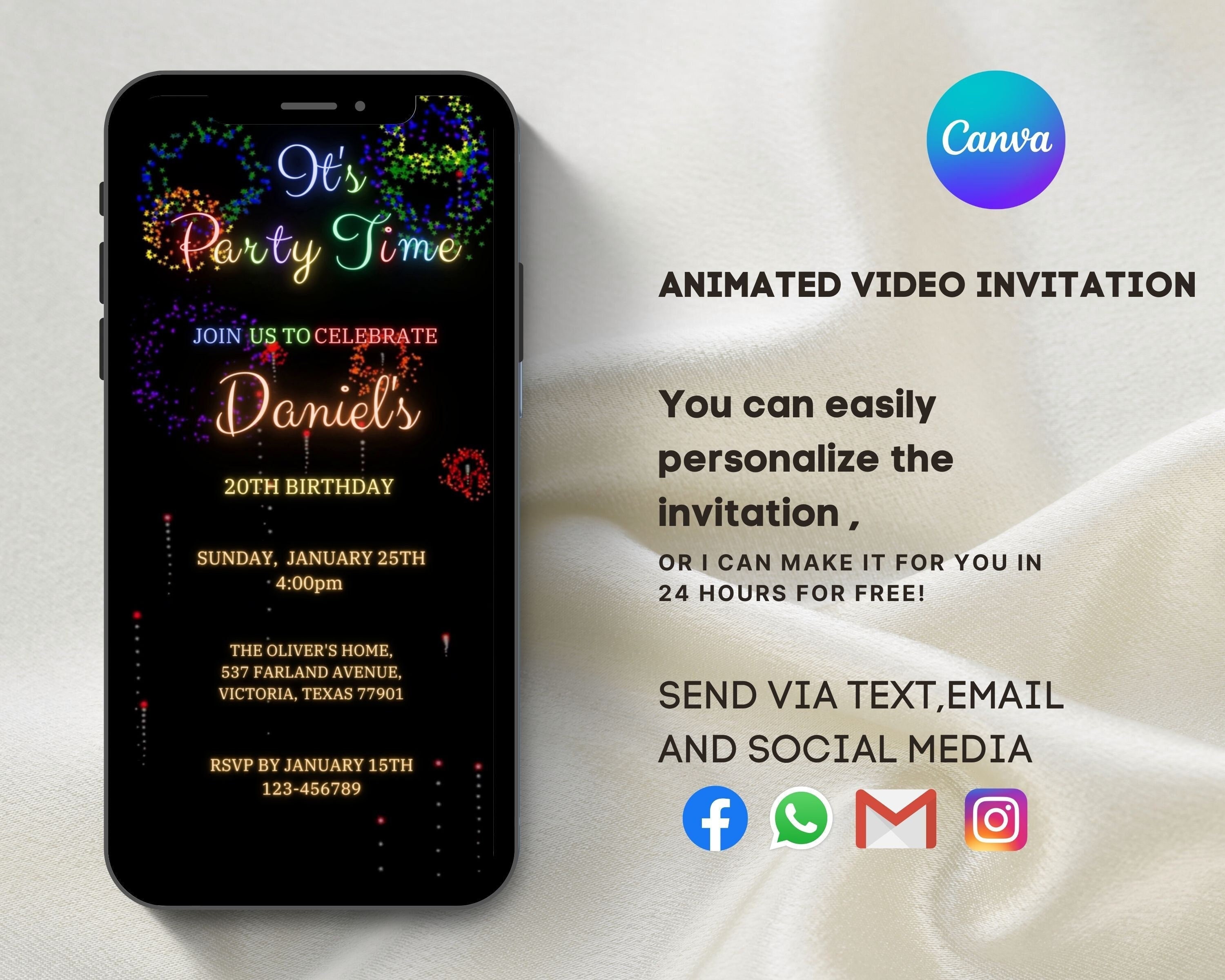 Firework Birthday Party Invitation, Digital Firework Party Invite ...