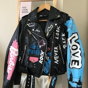 Custom Text Jacket | Painted Faux Leather | Motorcycle Jacket | Women's ...