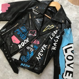 Custom Text Jacket | Painted Faux Leather | Motorcycle Jacket | Women's ...