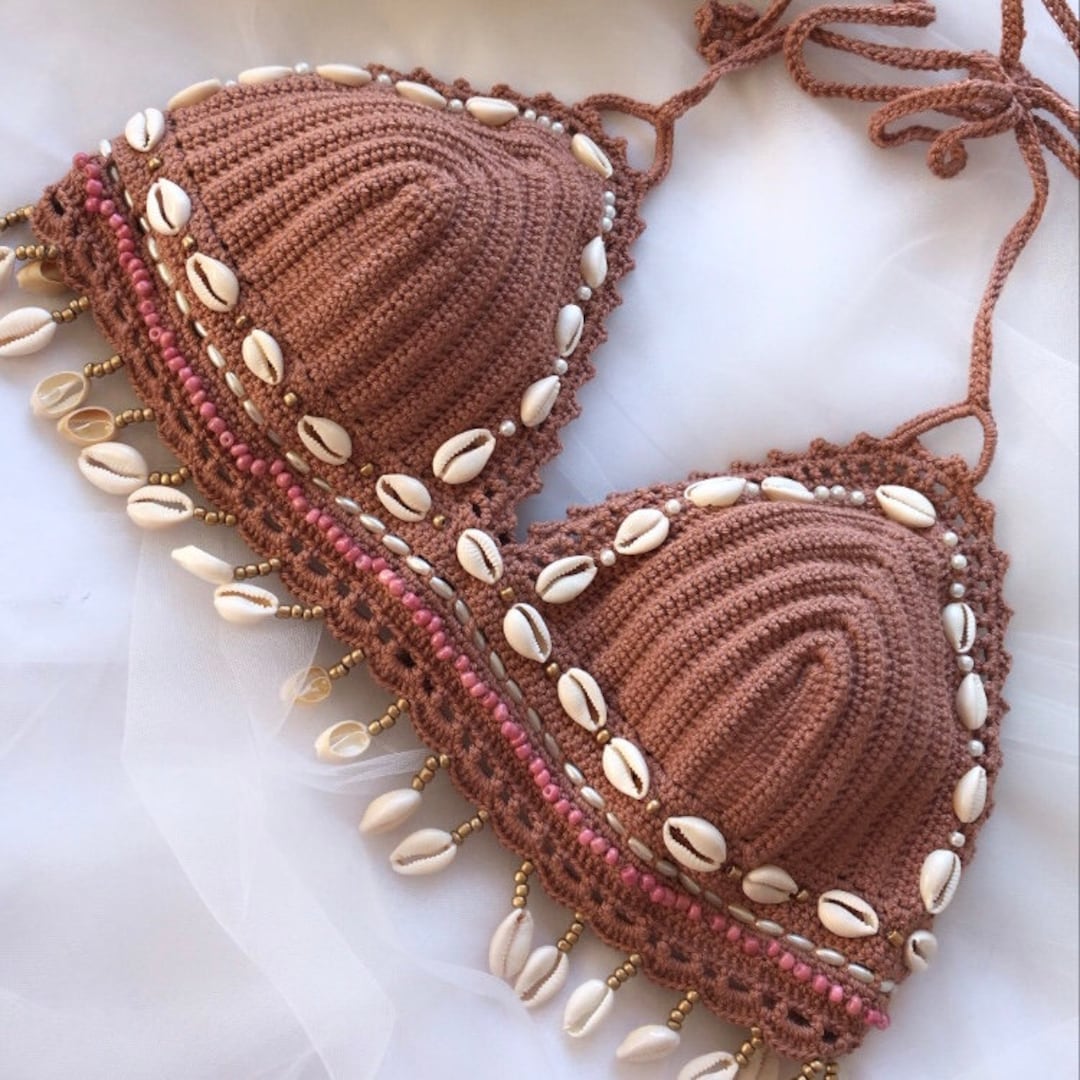 Crochet Boho Bikini, Knitted Swimwear, Cheeky Bikini Bottom, Triangle ...