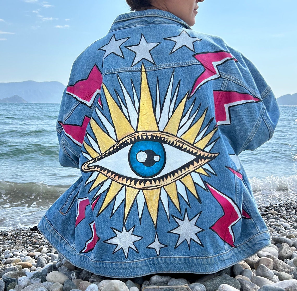 Evil Eye Denim Jacket Artwork Hand Painted Denim Jacket Personalized ...