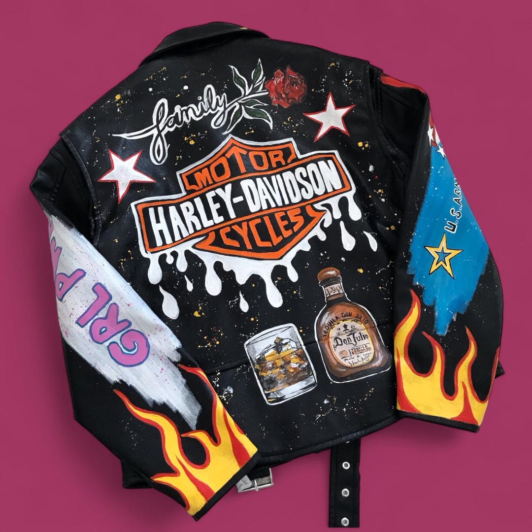 Custom Hand-painted Leather Biker Jacket, Flame Sleeve Moto Jacket - Etsy