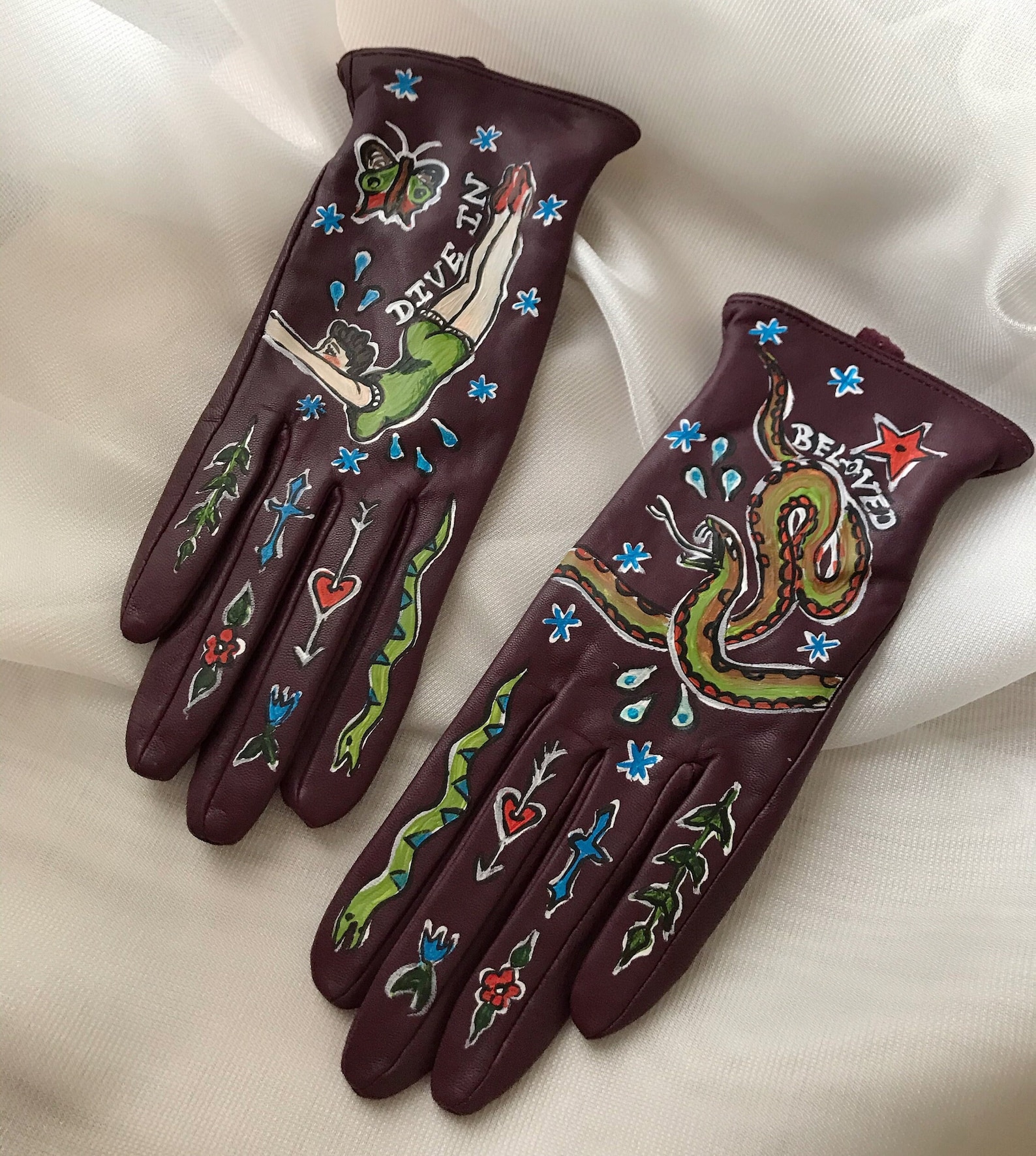 Hand-painted Leather Gloves | Unique Art, Bohemian Style - Etsy