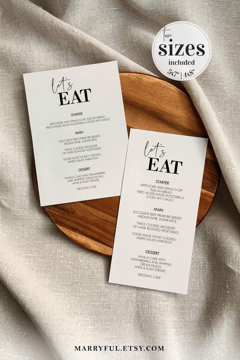 Simple Wedding Menu Template Printable Menu Cards With Instant - Etsy