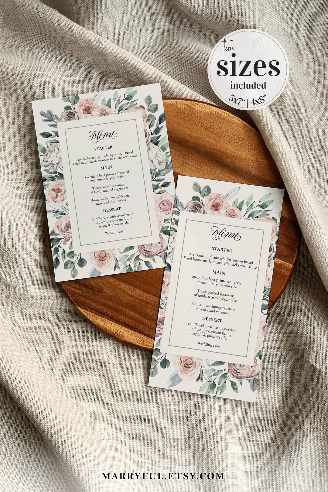 Rustic Menu Card Template, Menu Cards for Dusty Rose Sage and Mauve ...