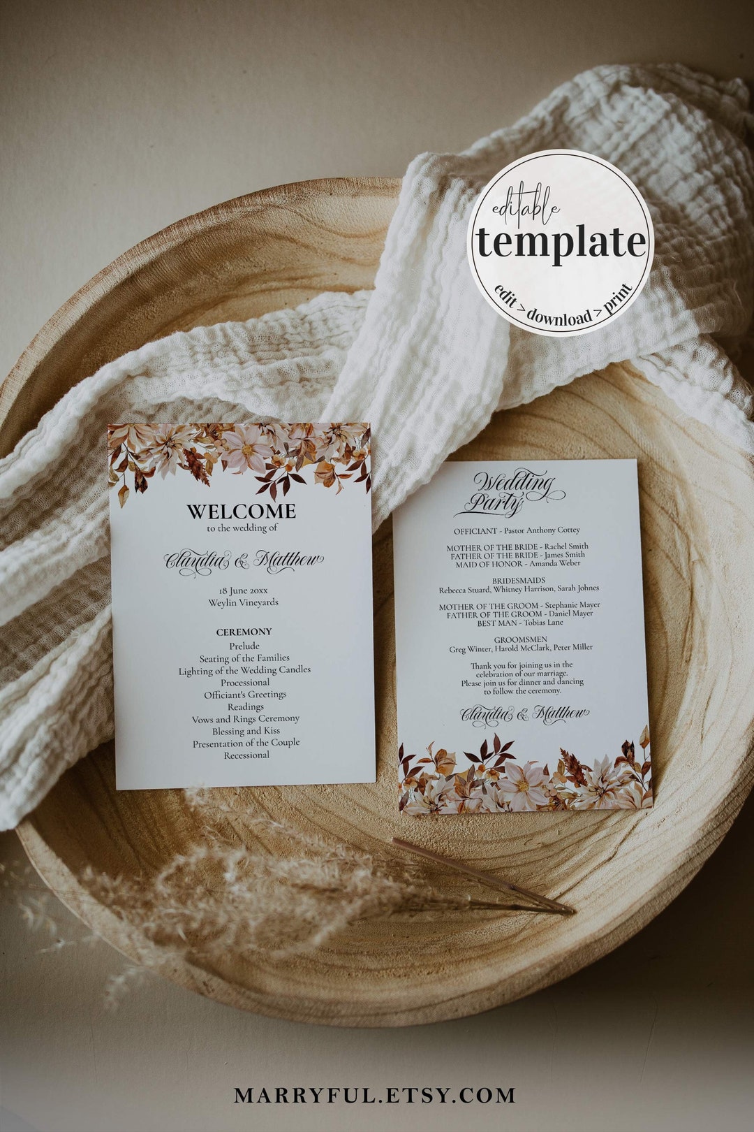 Rustic Wedding Program Template for Fall Wedding in Mountains, Wedding ...