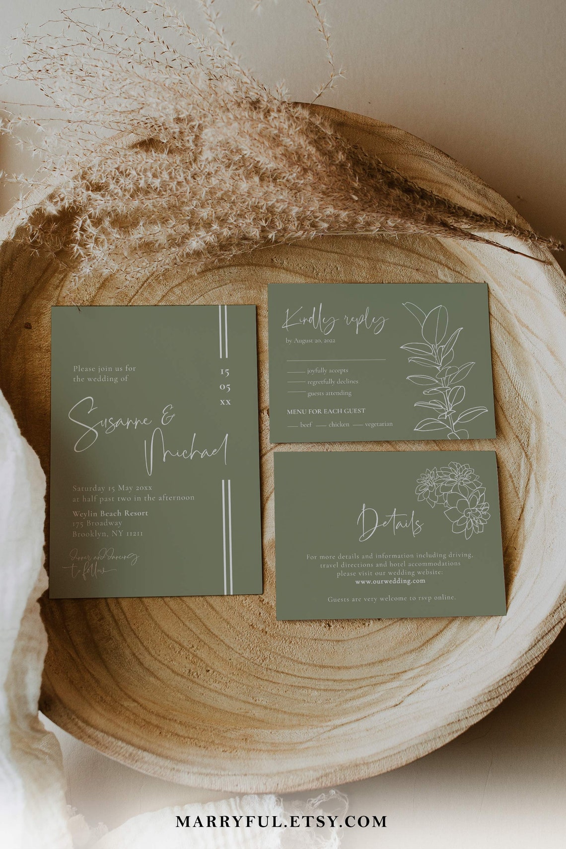 Sage Green Wedding Invitation Suite Template to Download and | Etsy