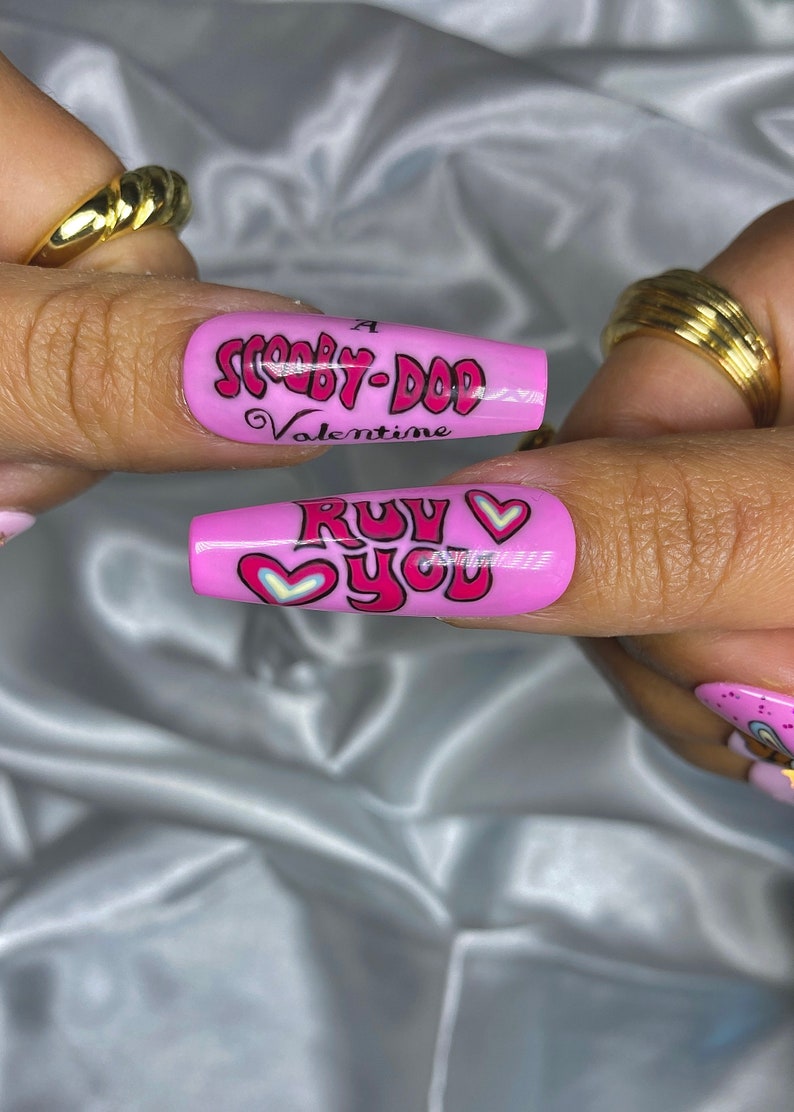 Pink Valentines Doobie Doo/ Valentine's Press on Nails - Etsy