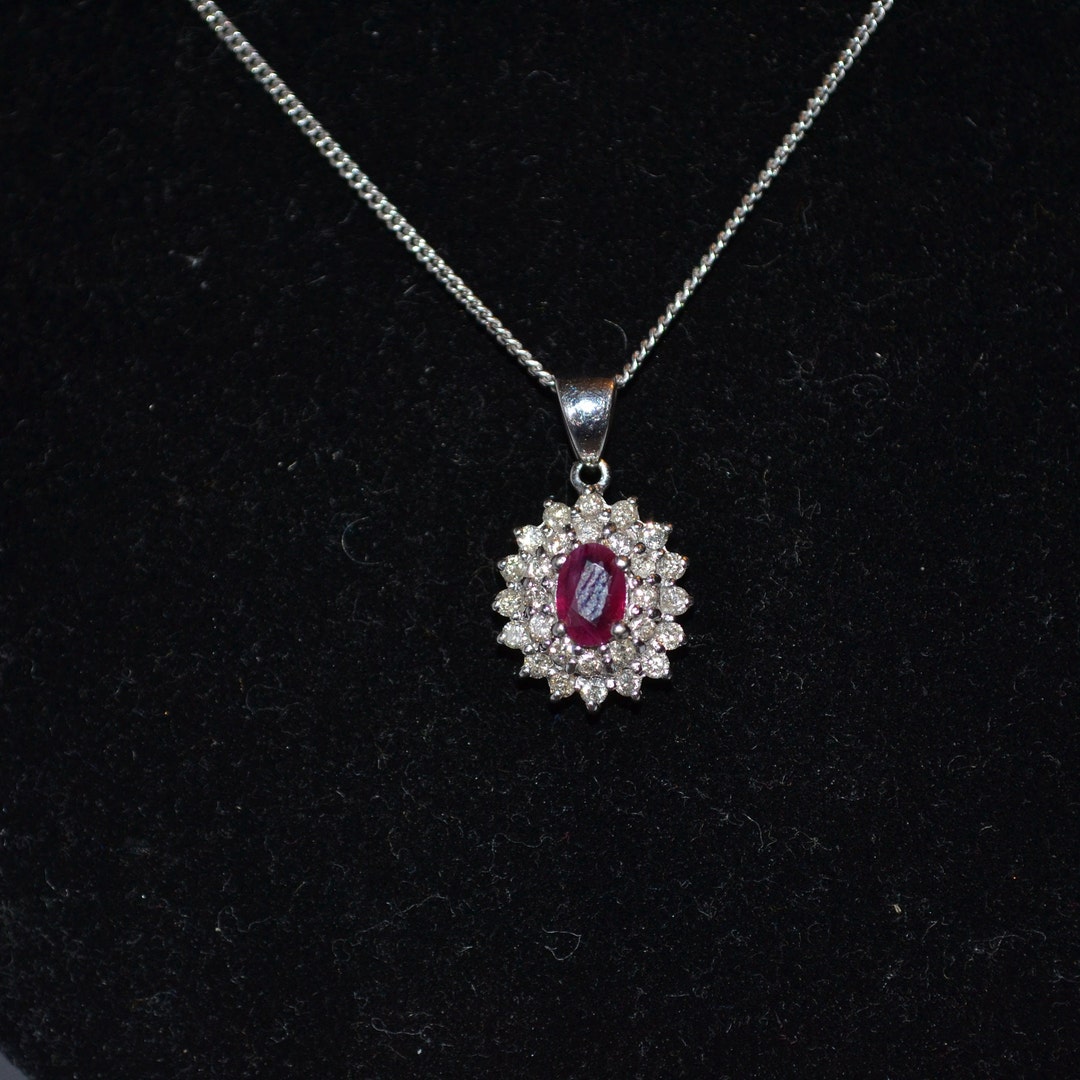 Ladies 18ct White Gold Hallmarked Oval Ruby and Double Row Diamond ...