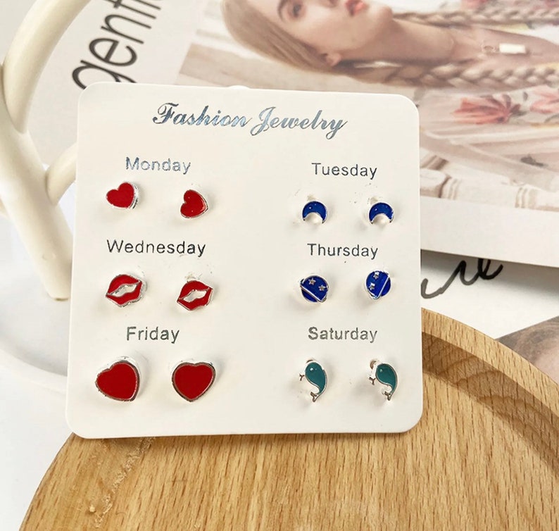 Set of Earrings, 7 Pairs of Earrings, Stud Earrings, Days of the Week ...
