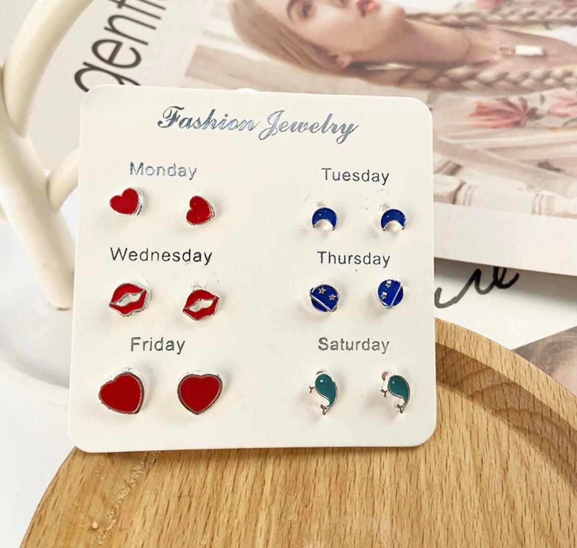 Set of Earrings, 7 Pairs of Earrings, Stud Earrings, Days of the Week ...