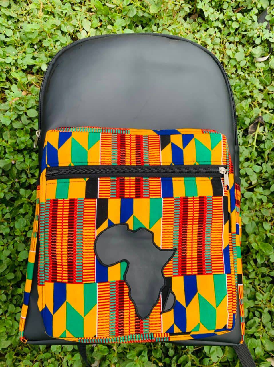 African Leather Backpack With Kente Print, African Print Knapsack ...
