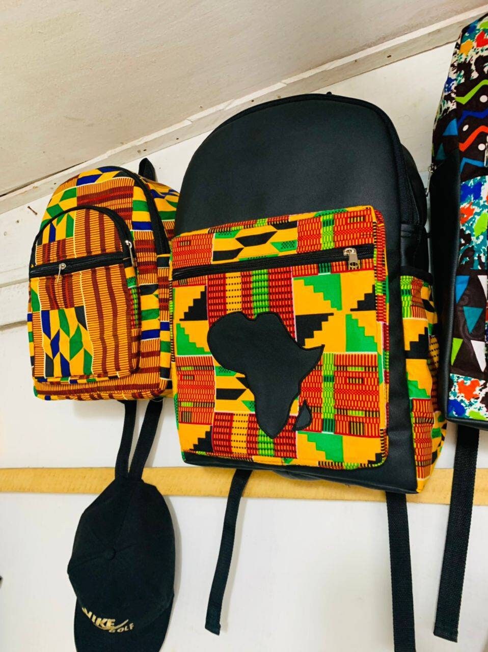 African Leather Backpack With Kente Print, African Print Knapsack ...