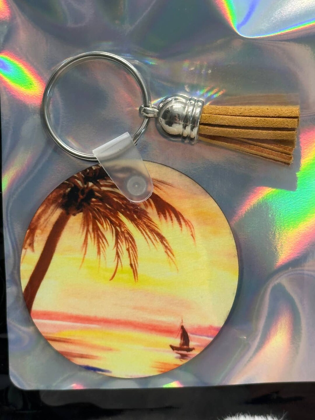 2" Beach Palm Tree Ocean Sunset Keychain With Tassel - Etsy