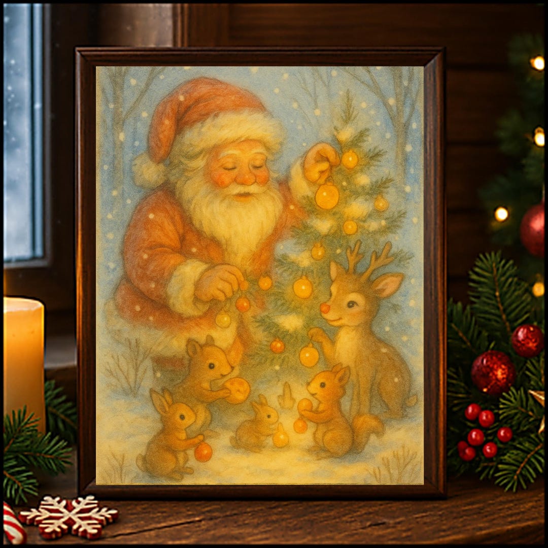 Vintage Santa Decorating Tree Art, Woodland Animals Christmas Print ...