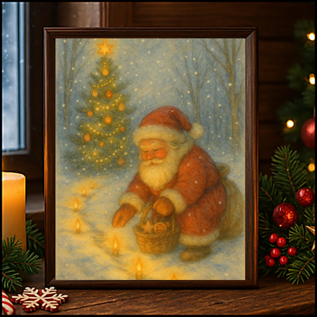 Vintage-style Santa Claus Christmas Art Print, Santa Lighting Candles ...