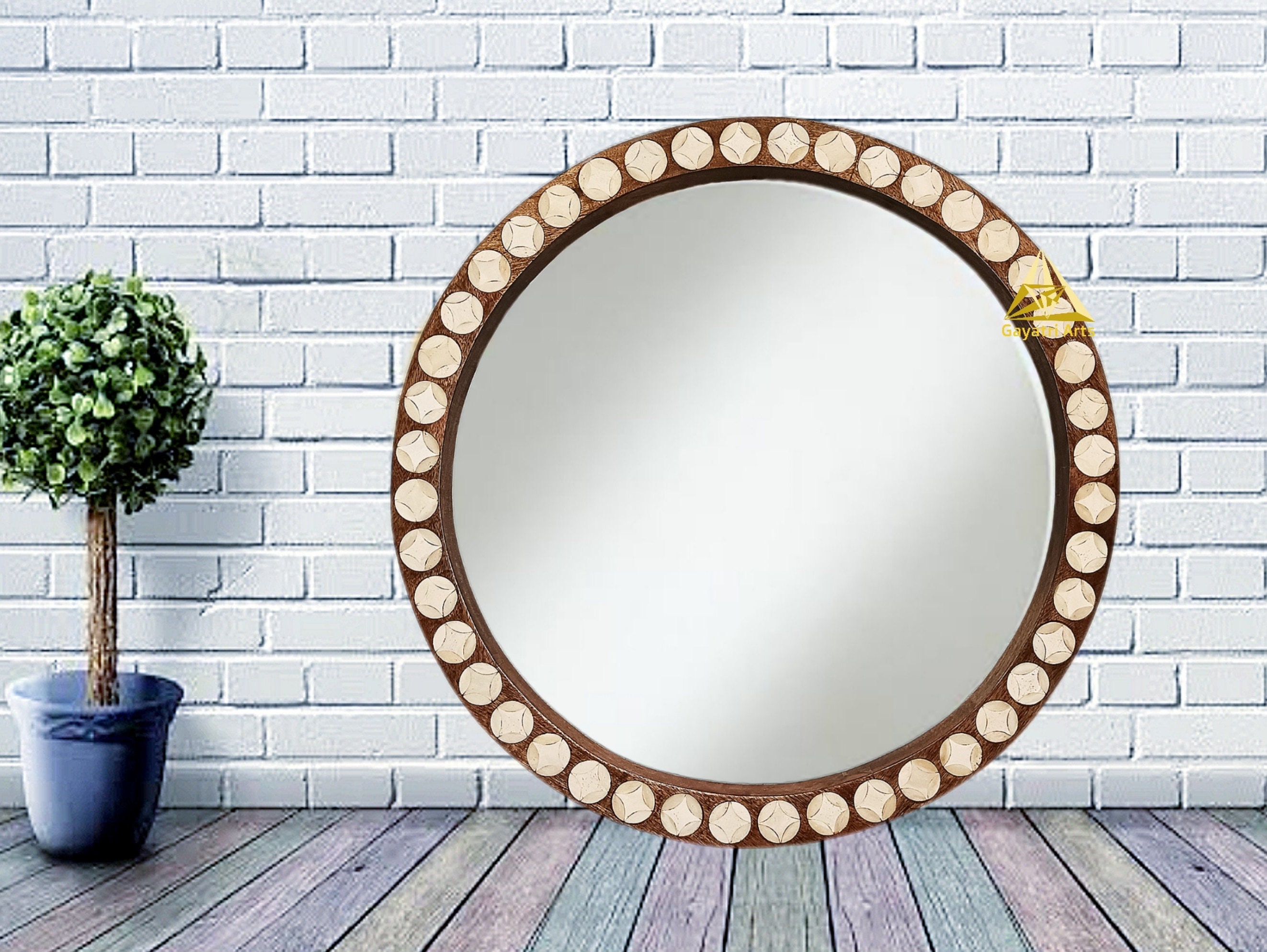 Wood Bone Inlay Mirror Frame | Round Bone Inlay Mirror Frame | Home ...