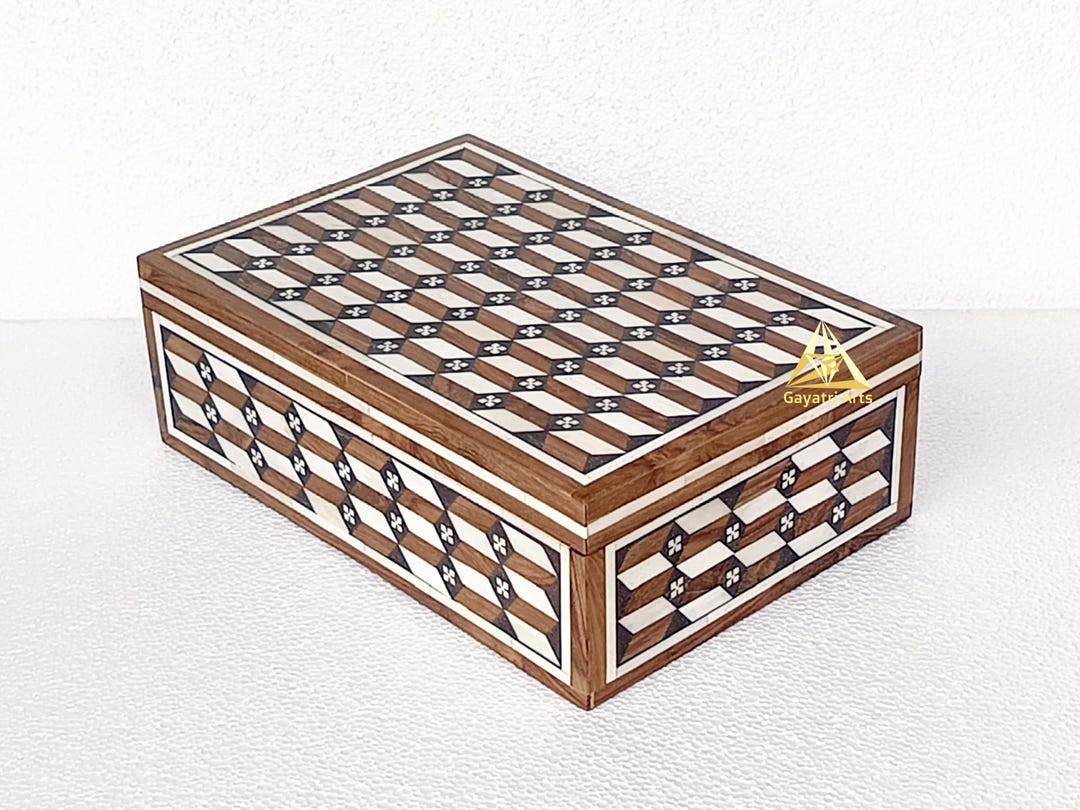 Home Decorative Bone and Teak Wood Inlay Geometric Design Jewelry Box ...