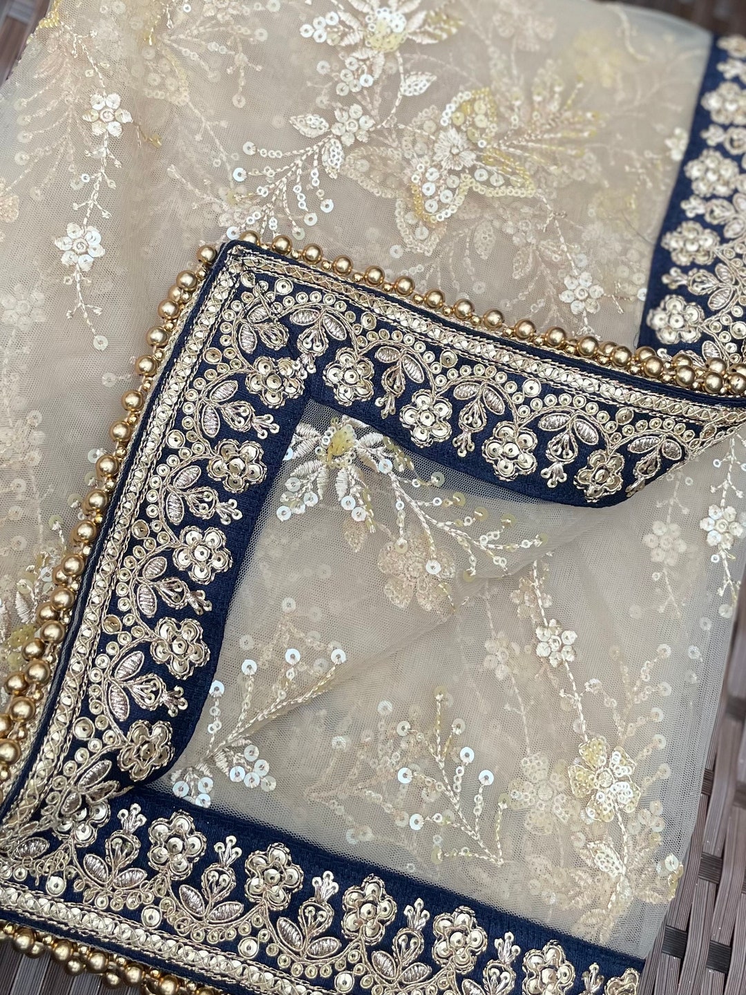 Floral Embroidery Net Dupatta With Navy Blue Border Chunni Scarf - Etsy UK