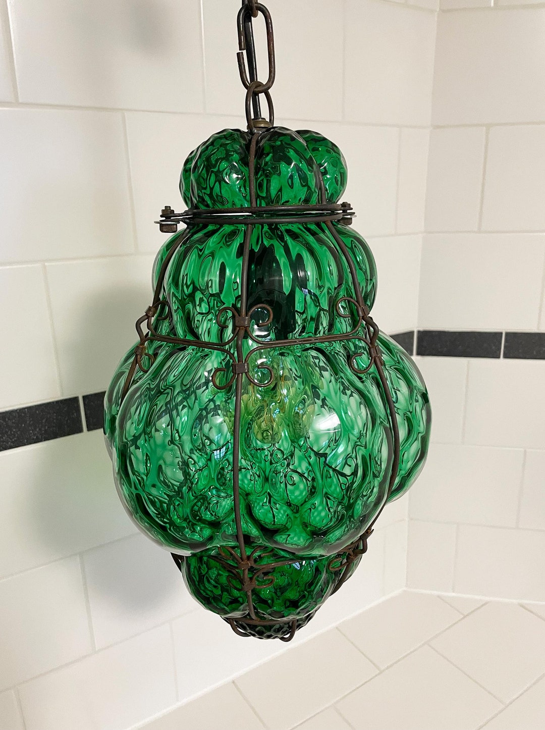 Large Dark Green Caged Glass Venetian Lantern (13.8 Inch/35 Cm), Vintage Seguso Murano Handblown ...
