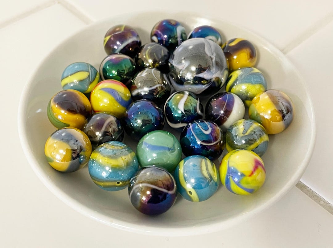 Set of 25 Vintage Iridescent Metallic Glass Marbles With Swirls - 24 ...
