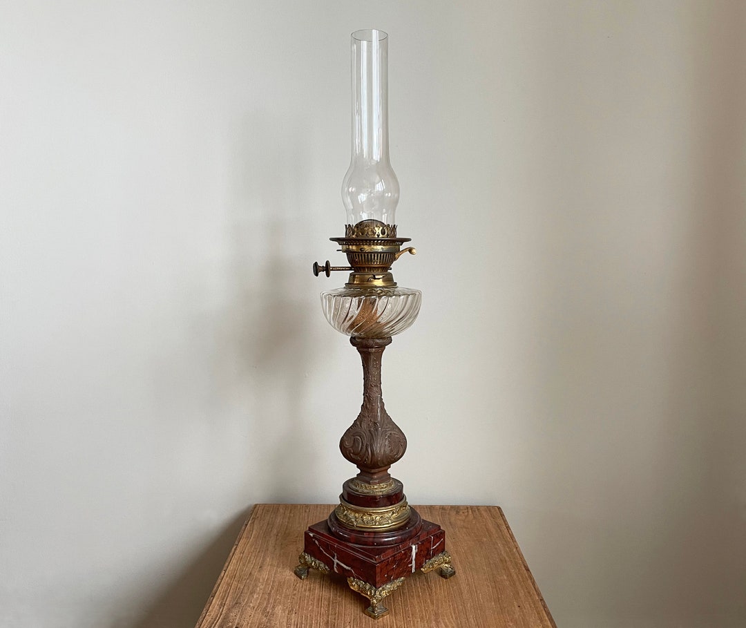 Unique Large Antique French Oil Lamp, 19th Century Rouge Griotte Marble ...