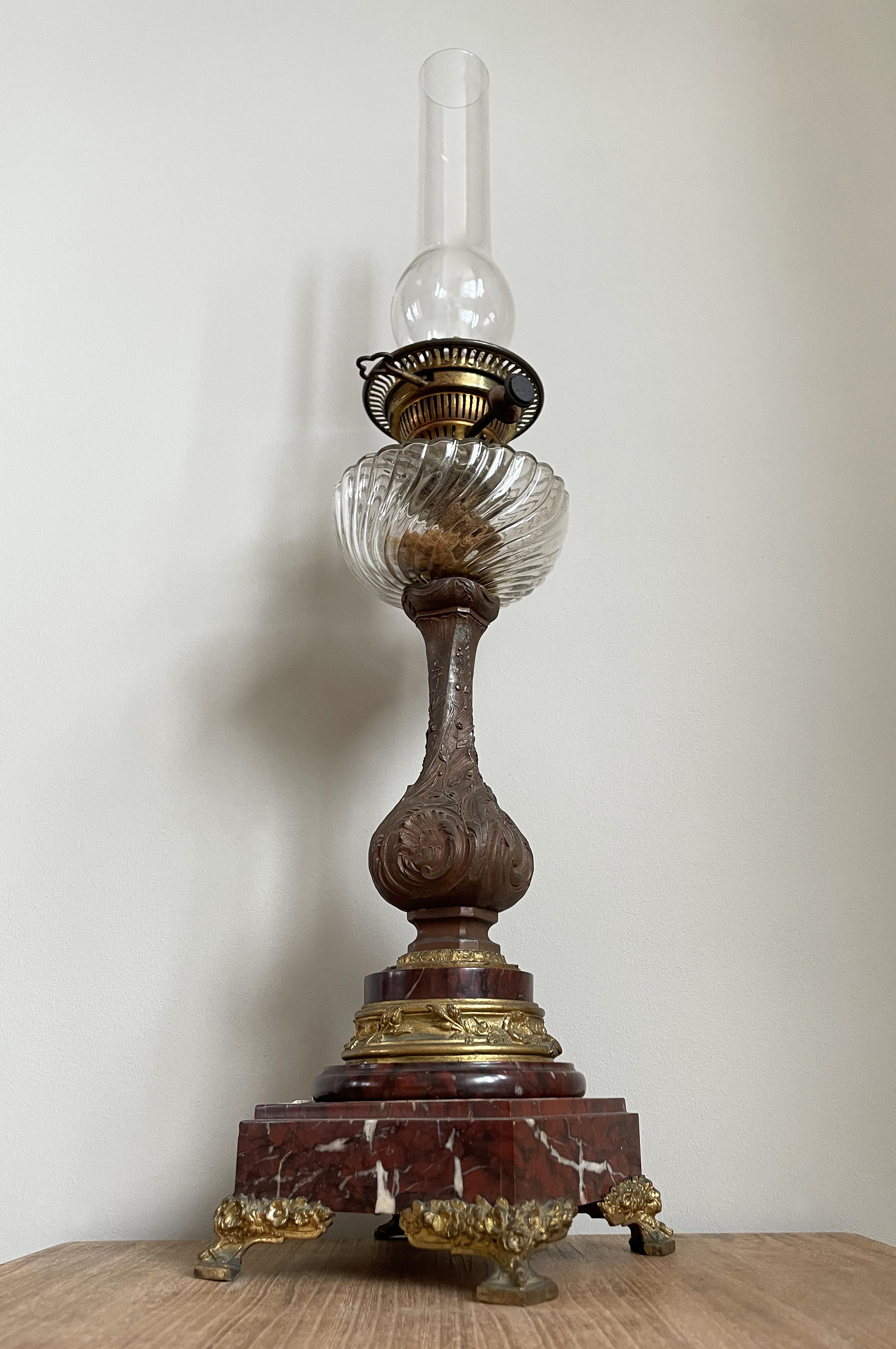 Antique French Rouge Griotte Marble Oil Lamp, 19th Century Patinated ...