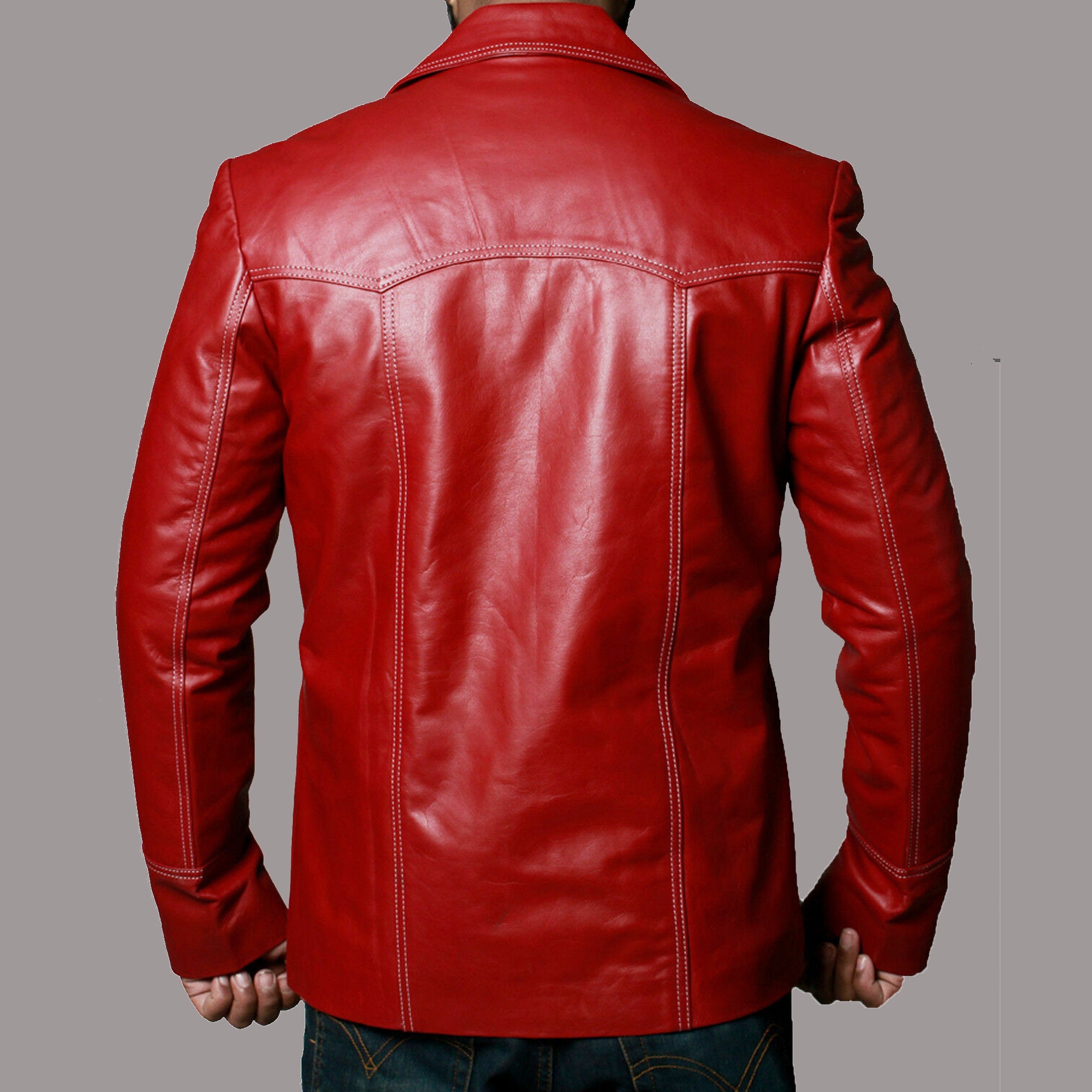 Handmade F-club Brad Pitt Red Leather Jacket Men Tyler D Genuine ...