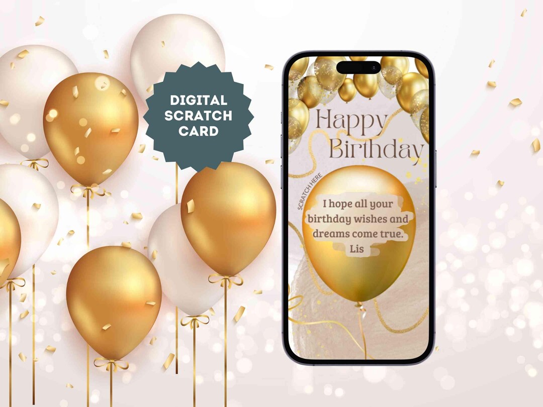 Digital Birthday Scratch off Gift Card With Golden Balloon and Custom ...