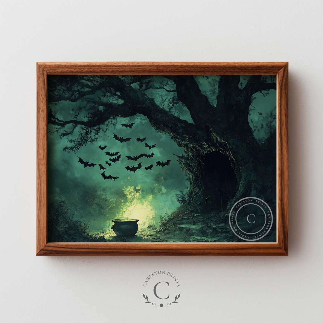 Enchanted Forrest Printable Poster - Bats Flying, Mystic Night Scene ...