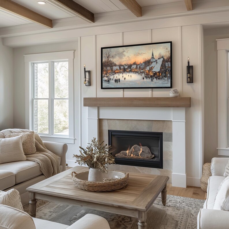 Winter Frame TV Art Snow Town Scene, Ice Skating Village Frame TV Art ...