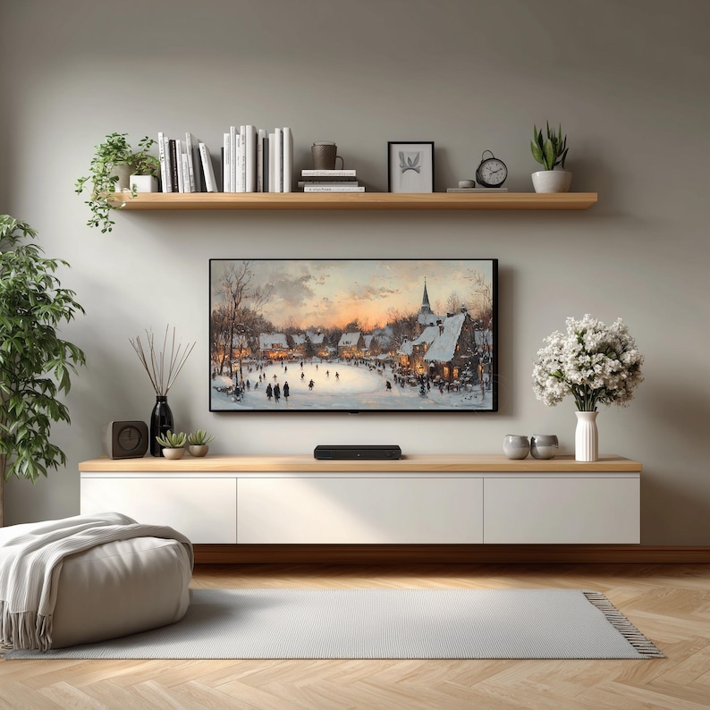 Winter Frame TV Art Snow Town Scene, Ice Skating Village Frame TV Art ...