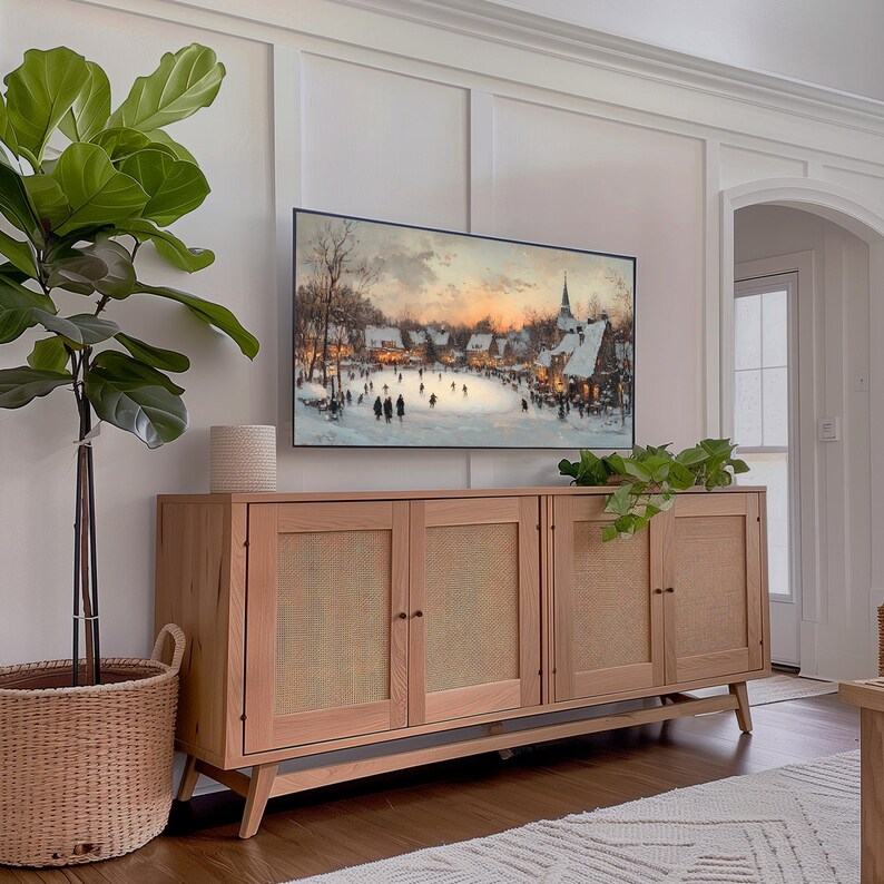 Winter Frame TV Art Snow Town Scene, Ice Skating Village Frame TV Art ...