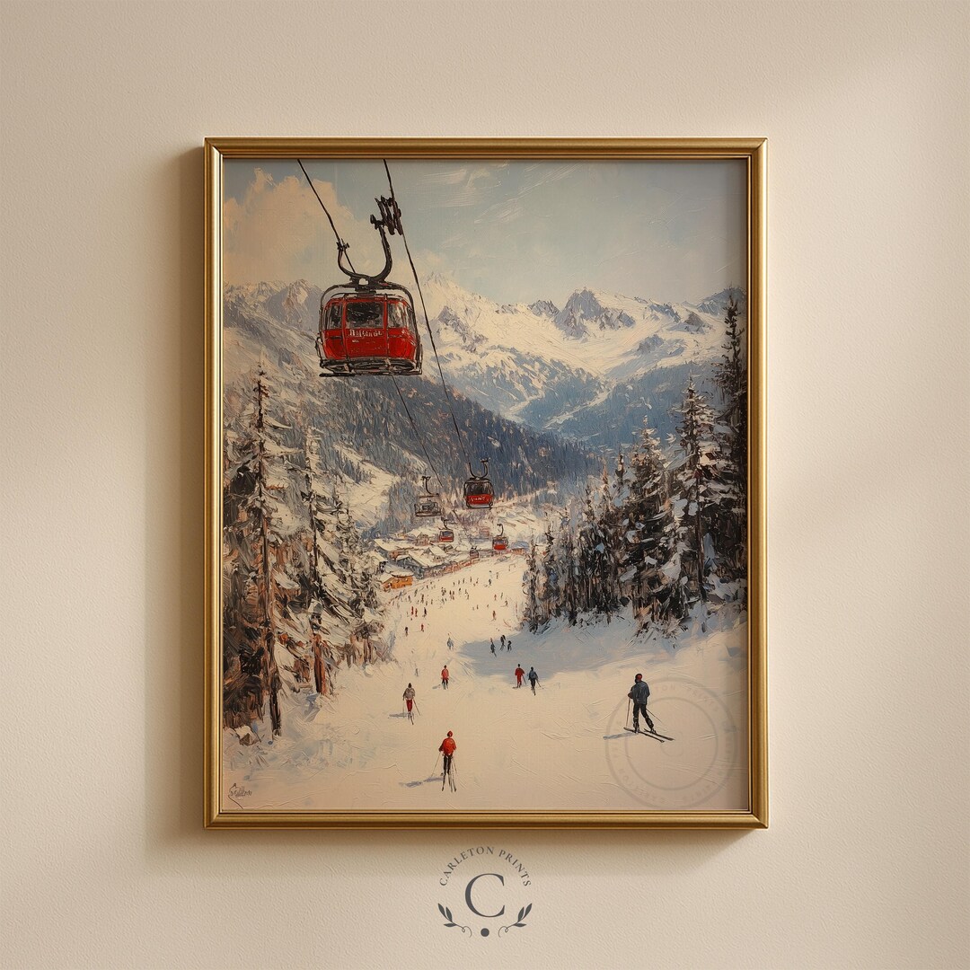 Retro Ski Lift Over Alpine Valley - Vintage Winter Scene, Cozy Snowy ...