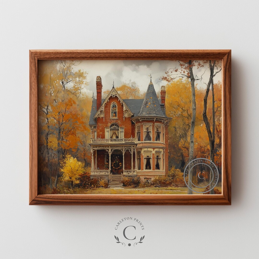 Victorian House in Fall Painting - Rustic Autumn Wall Art, Elegant ...
