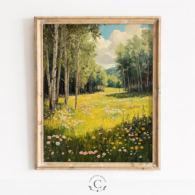 Sunlit Summer Meadow Painting, Cozy Vintage Pastoral Landscape (digital ...
