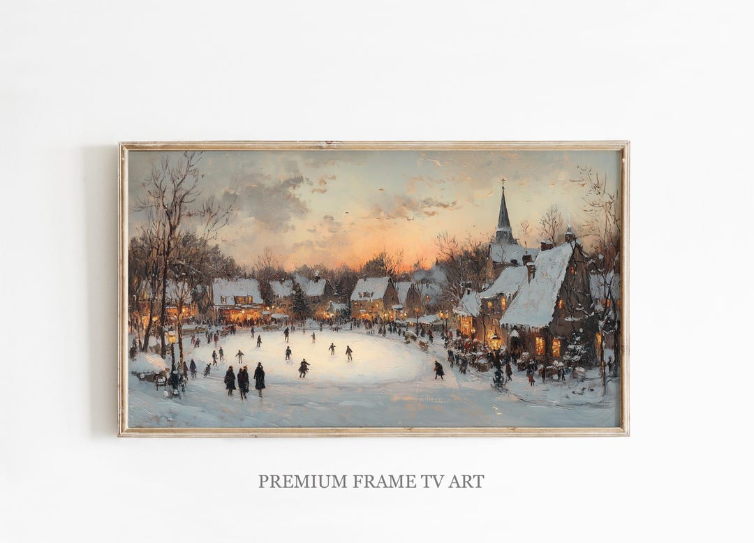 Winter Frame TV Art Snow Town Scene, Ice Skating Village Frame TV Art ...
