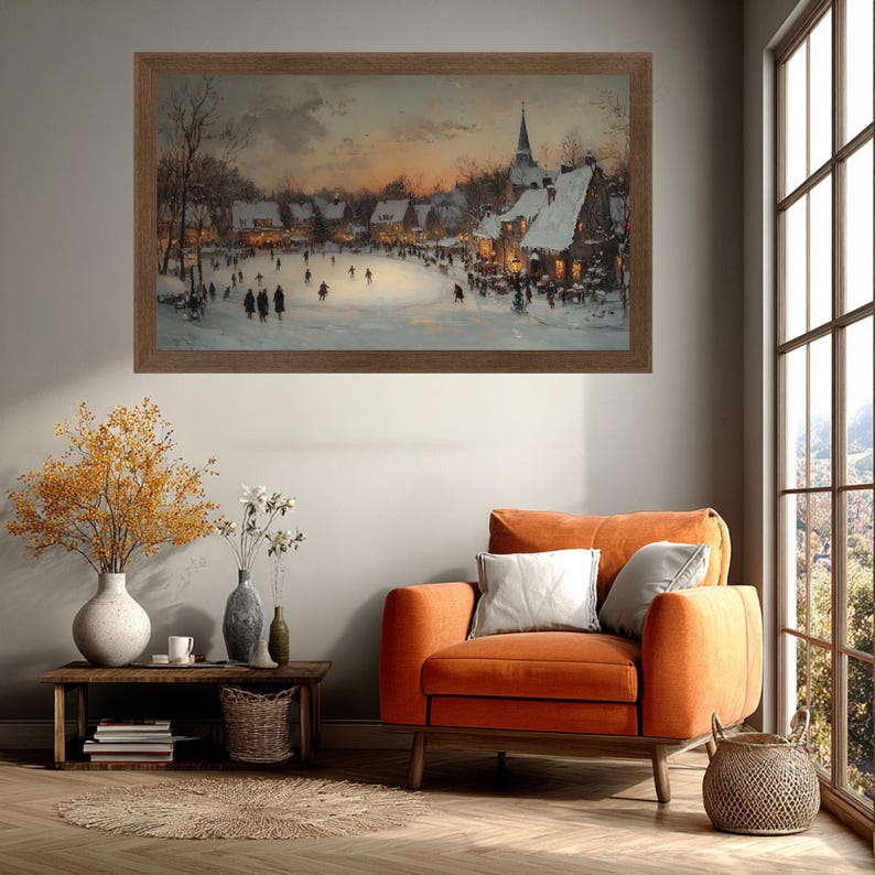 Winter Frame TV Art Snow Town Scene, Ice Skating Village Frame TV Art ...