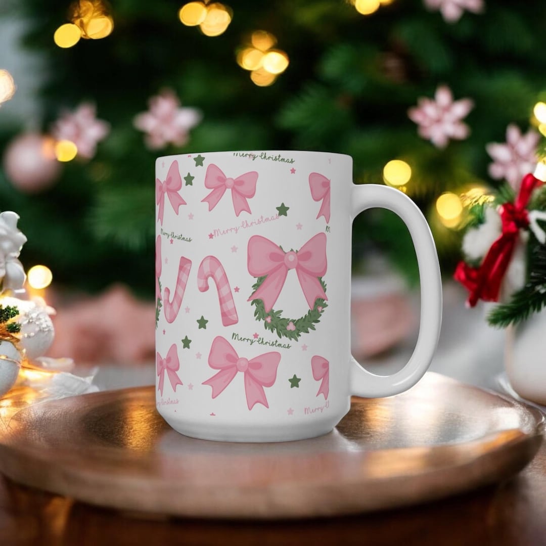 Pink Bows Christmas Ceramic Mug, Holiday Coffee Cup Gift,merry ...