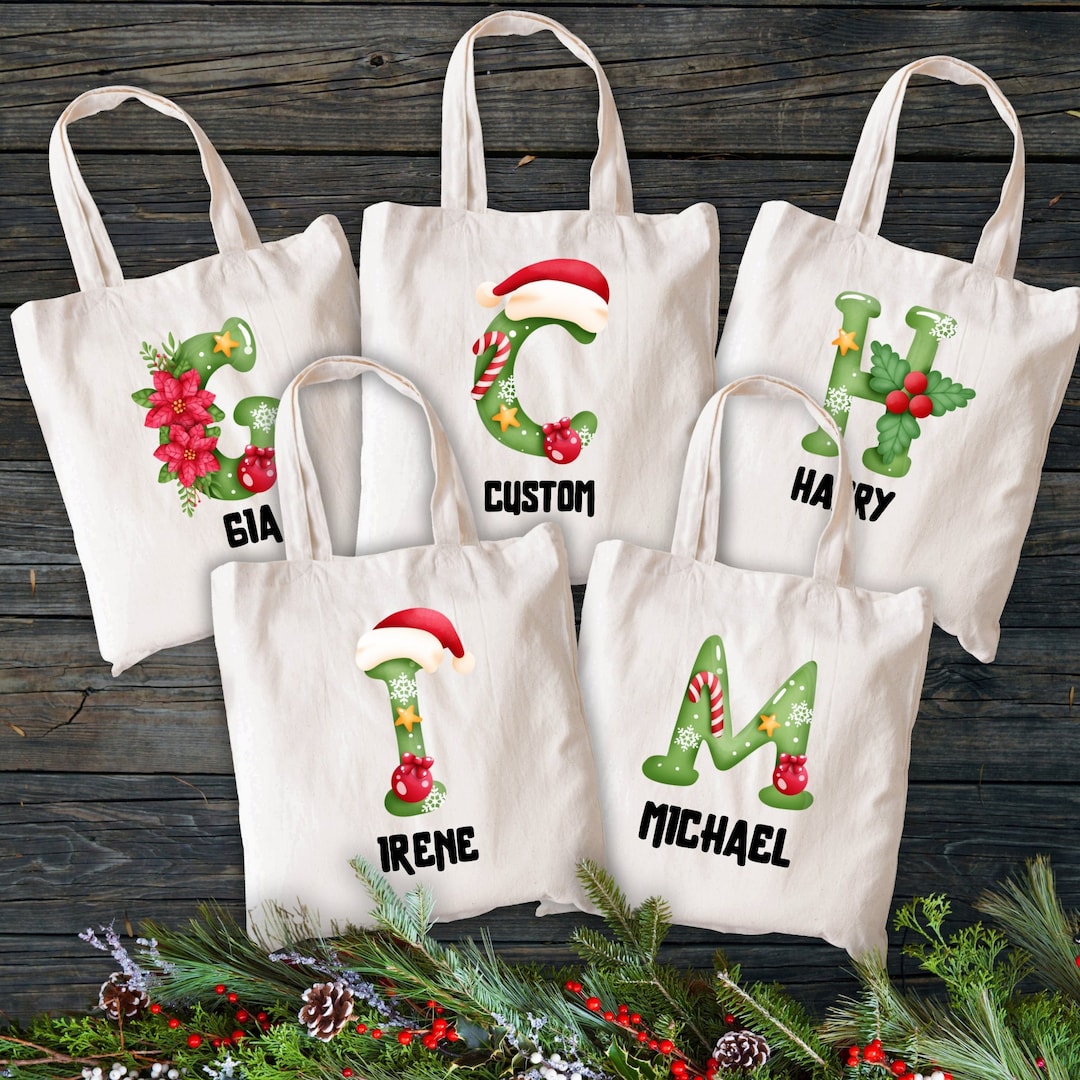 Christmas Custom Name Tote Bag, Personalized Name Initial Tote Bag ...